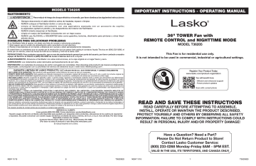 Lasko T36205 Oscillating Tower Fan Operating Manual | Manualzz