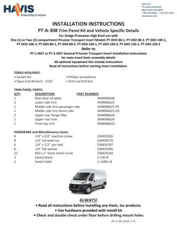 Havis PT-A-308 2014-2022 Dodge Ram Promaster Prisoner Transport ...
