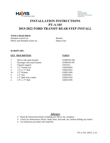 Havis PT-A-103 2015-2022 Ford Transit Rear permanent step assembly ...