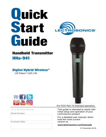 Lectrosonics HHa-941 Quick Start Guide | Manualzz