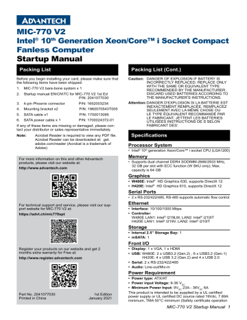 Advantech MIC-770 V2 Compact Fanless System Manual | Manualzz