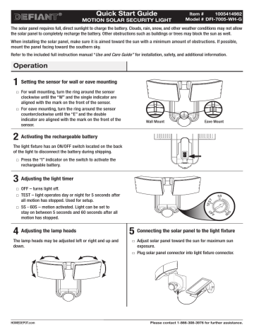 DEFIANT DFI-7005-WH-G Motion Solar Security Light Quick Start Guide | Manualzz