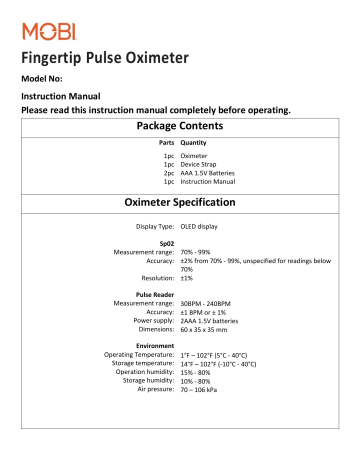 MOBI 70299 Fingertip Pulse Oximeter Instruction manual | Manualzz