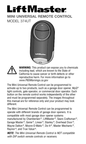 LiftMaster 374UT Mini Universal Remote Control User Guide | Manualzz