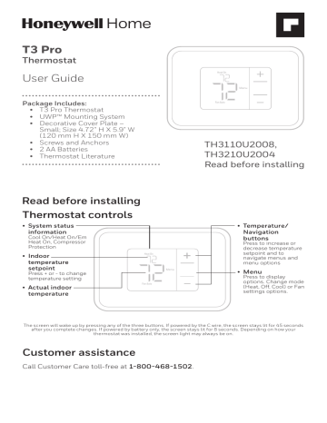 Honeywell Home TH3110U2008 T3 Pro Thermostat User Guide | Manualzz