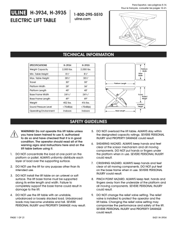 ULINE H-3934, H-3935 Electric Lift Table Installation Guide | Manualzz