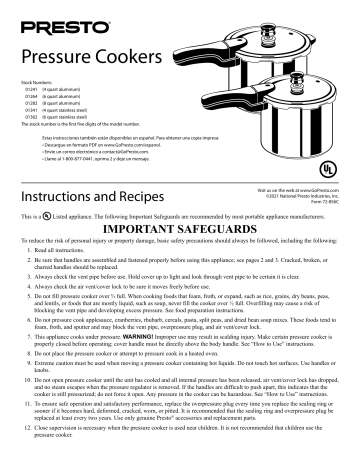 Presto Pressure Cookers Instruction manual | Manualzz