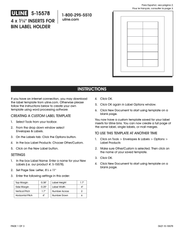 Uline S-15578 Inserts For Bin Label Holder Mode d'emploi | Manualzz