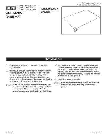 ULINE Anti-Static Table Mat Installation Guide | Manualzz