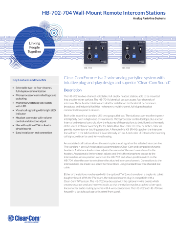 Clear-Com HB-702 & HB-704 Spec Sheet | Manualzz