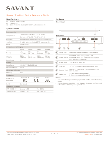 Savant SVR-5200S-01 SAVANT PRO HOST Quick Reference Guide | Manualzz