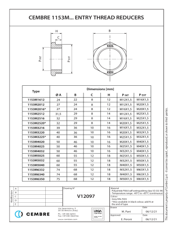 Cembre 1153M Entry thread reducers Datasheet | Manualzz