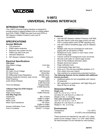 Valcom V-9972 Universal Paging Interface Installation Manual | Manualzz