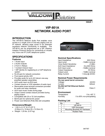 Valcom VIP-801A IP Gateway Audio Port Installation Manual | Manualzz