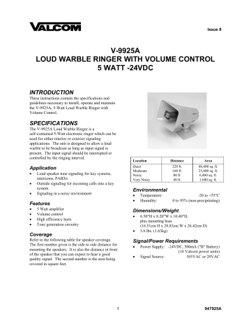 Valcom V-9925A Ringer Horn Installation Manual | Manualzz