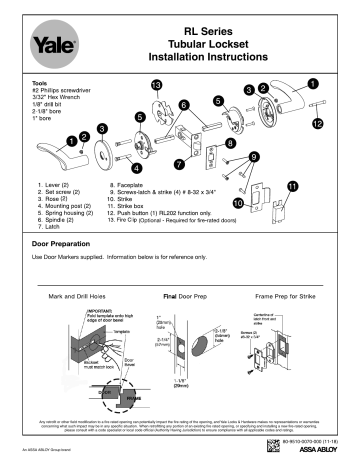 Yale RL Cylindrical Lock Installation Instructions | Manualzz