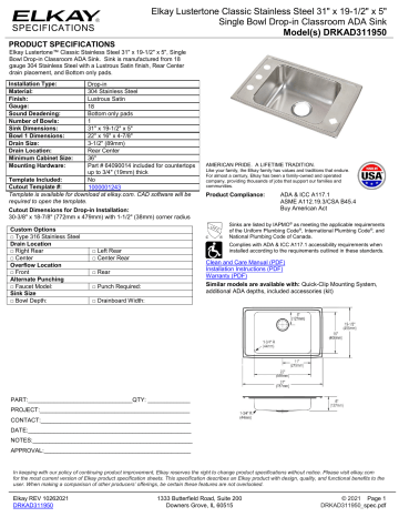 Elkay DRKAD311950 Lustertone Classic Stainless Steel 31" x 19-1/2" x 5" Specification Sheet ...