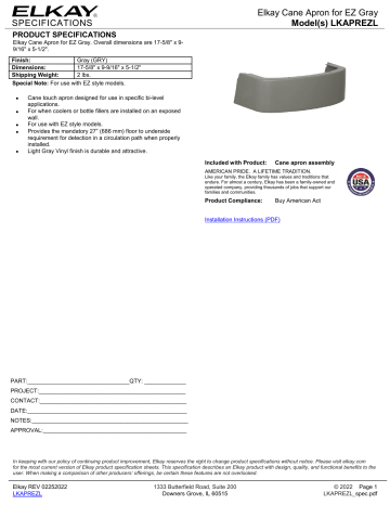 Elkay LKAPREZL Cane Apron Specification Sheet | Manualzz