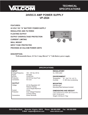 Valcom VP-2024 Technical Specifications | Manualzz
