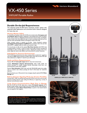 Vertex Standard VX-451, VX-454, VX-459 Specification Sheet | Manualzz