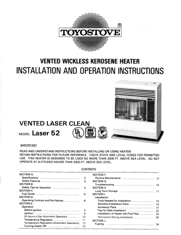 Toyostove Laser 52 Instalation And Operation Instructions | Manualzz
