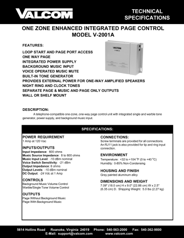 Valcom V-2001A Technical Specifications | Manualzz