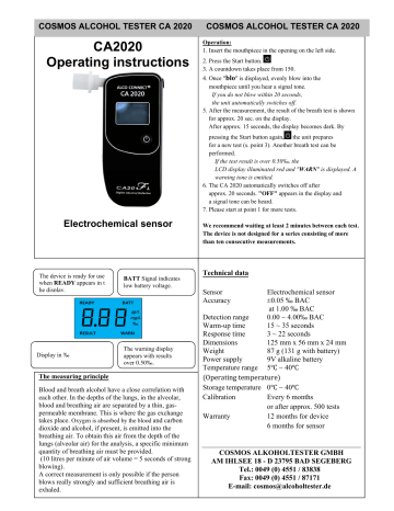 Cosmos Alcohol Tester CA2020 Operating Instructions | Manualzz