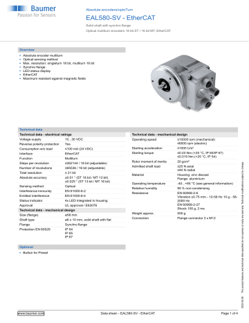 Baumer EAL580-SV - EtherCAT Absolute encoder Data sheet | Manualzz