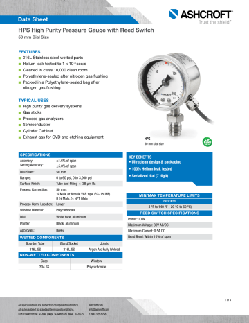 Ashcroft HPS High Purity Pressure Gauge Datasheet | Manualzz