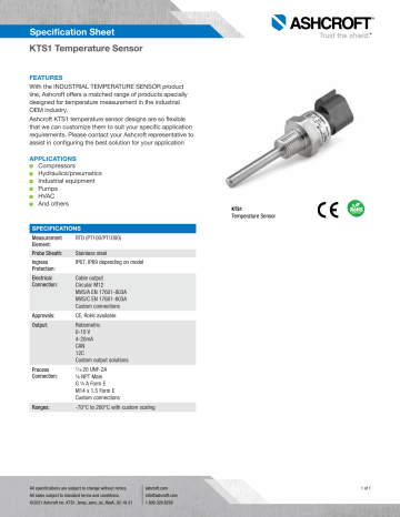 Ashcroft KTS1 Temperature Sensor Datasheet | Manualzz