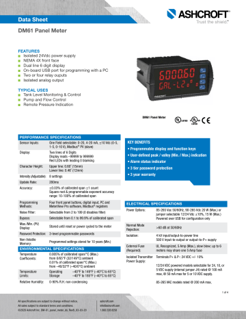 Ashcroft Panel Meter – DM61 Datasheet | Manualzz