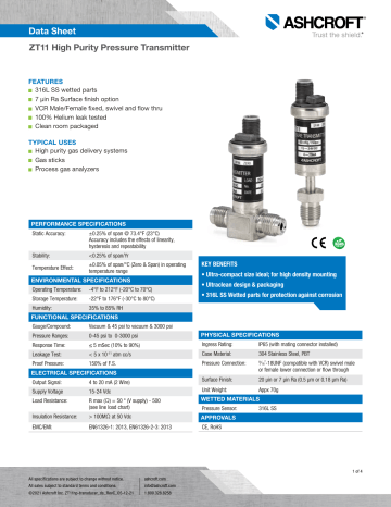 Ashcroft ZT11 High Purity Pressure Transmitter Datasheet | Manualzz