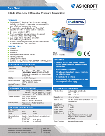 Ashcroft DXLdp Differential Pressure Transmitter Datasheet | Manualzz