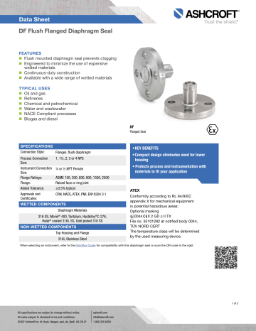 Ashcroft DF Flush Flanged Diaphragm Seal Datasheet | Manualzz