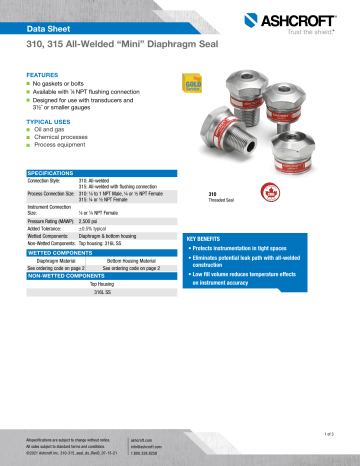 Ashcroft 310-315 Mini-Diaphragm Seals Datasheet | Manualzz
