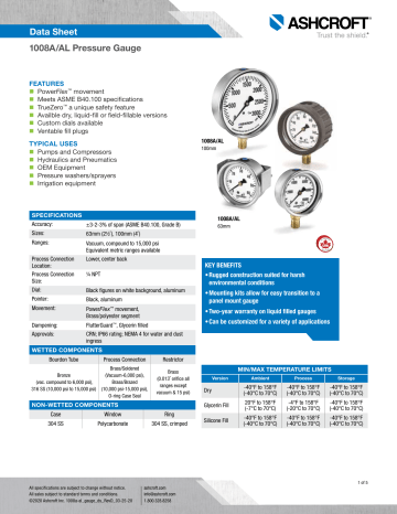 Ashcroft 1008A/AL Pressure Gauge Datasheet | Manualzz