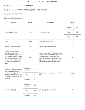 BAUKNECHT WM 7C EX Washing machine Product Information Sheet | Manualzz