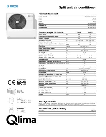Qlima S6026 Split unit air conditioner Product sheet | Manualzz