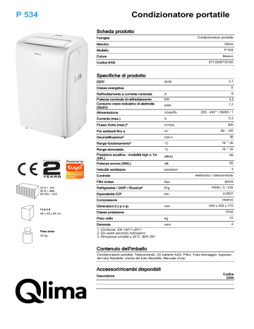 QLIMA P534 Mobile air conditioner Scheda tecnica del prodotto | Manualzz