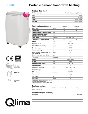 Qlima PH635 Mobile air conditioner Product sheet | Manualzz