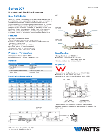 Watts 007-AUS Double Check Backflow Preventer Specification | Manualzz