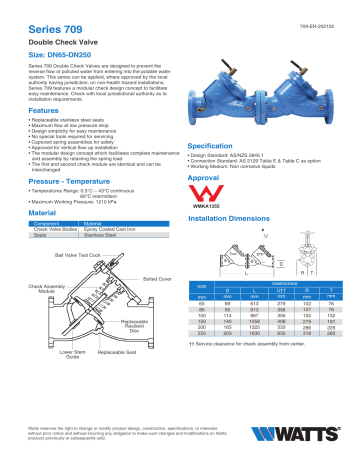 Watts 709-AUS Cast Iron Double Check Backflow Preventer Specification | Manualzz