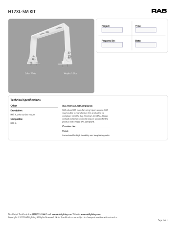 RAB Lighting H17XL-SM KIT High Bay Spec Sheet | Manualzz