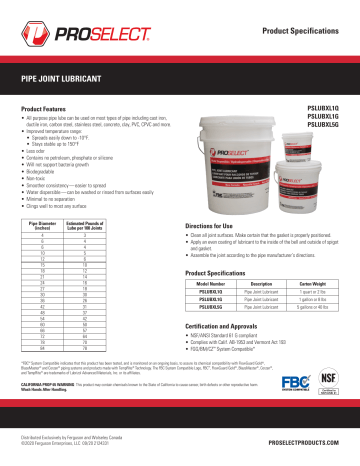 PROSELECT PSLUBXL1G 1 gal. Pipe Joint Lubricant Specification | Manualzz