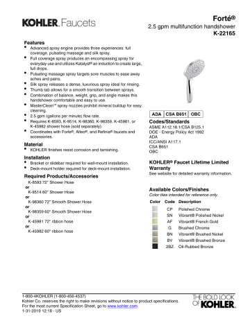 Kohler 22165-SN Forte® 3-function Hand Shower Specification | Manualzz