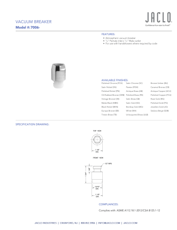 Jaclo Industries 7006-PN Vacuum Breaker Specification | Manualzz
