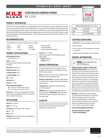 Kilz KLEAR Interior | Exterior Primer Technical Reference | Manualzz