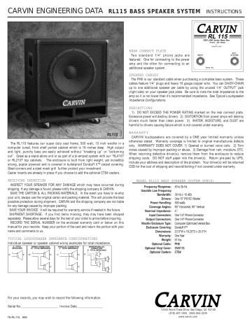 Carvin RL115 RL Series Bass Cabinet 15-inch Manual | Manualzz